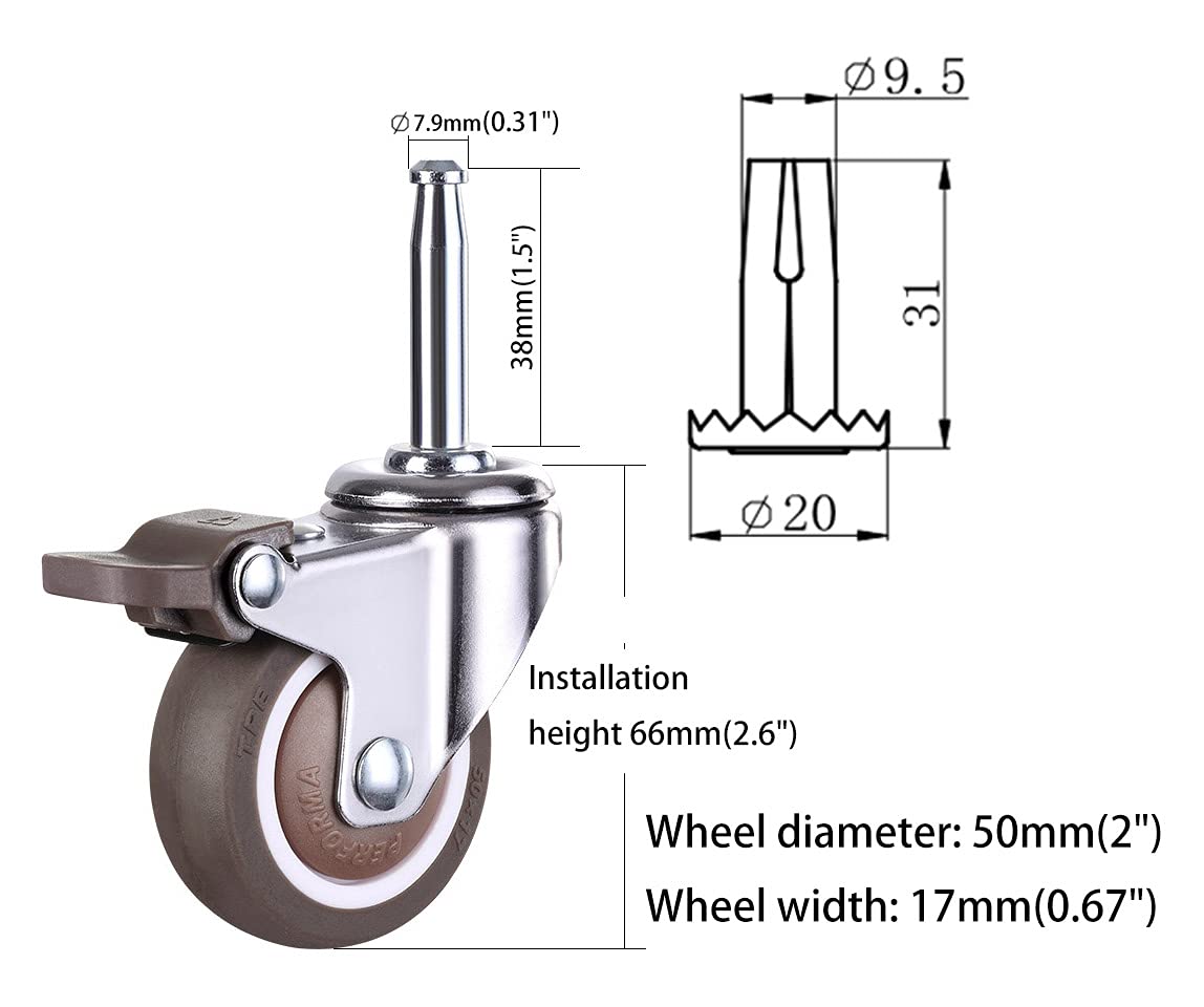 NERILEE 2 Inch Rubber Caster Wheel Set of 4(2 with Brakes & 2 Without) with 5/16" x 1-1/2" (8 x 38mm) Stem Sockets, for Furniture Crib Trolley Dining Car Casters