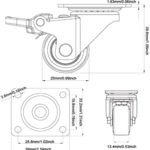 GBL 1" inch Small Caster Wheels with 2 Brakes + Screws - 90Lbs - Low Profile Castor Wheels with Brakes - Set of 4 No Floor Marks Silent Casters - Mini Wheels for Cart