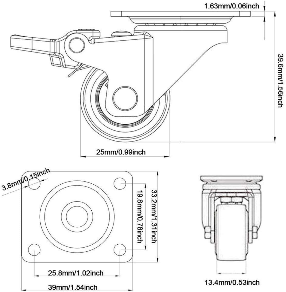 GBL 1" inch Small Caster Wheels with 2 Brakes + Screws - 90Lbs - Low Profile Castor Wheels with Brakes - Set of 4 No Floor Marks Silent Casters - Mini Wheels for Cart