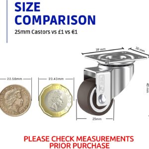 GBL 1" inch Small Caster Wheels with 2 Brakes + Screws - 90Lbs - Low Profile Castor Wheels with Brakes - Set of 4 No Floor Marks Silent Casters - Mini Wheels for Cart