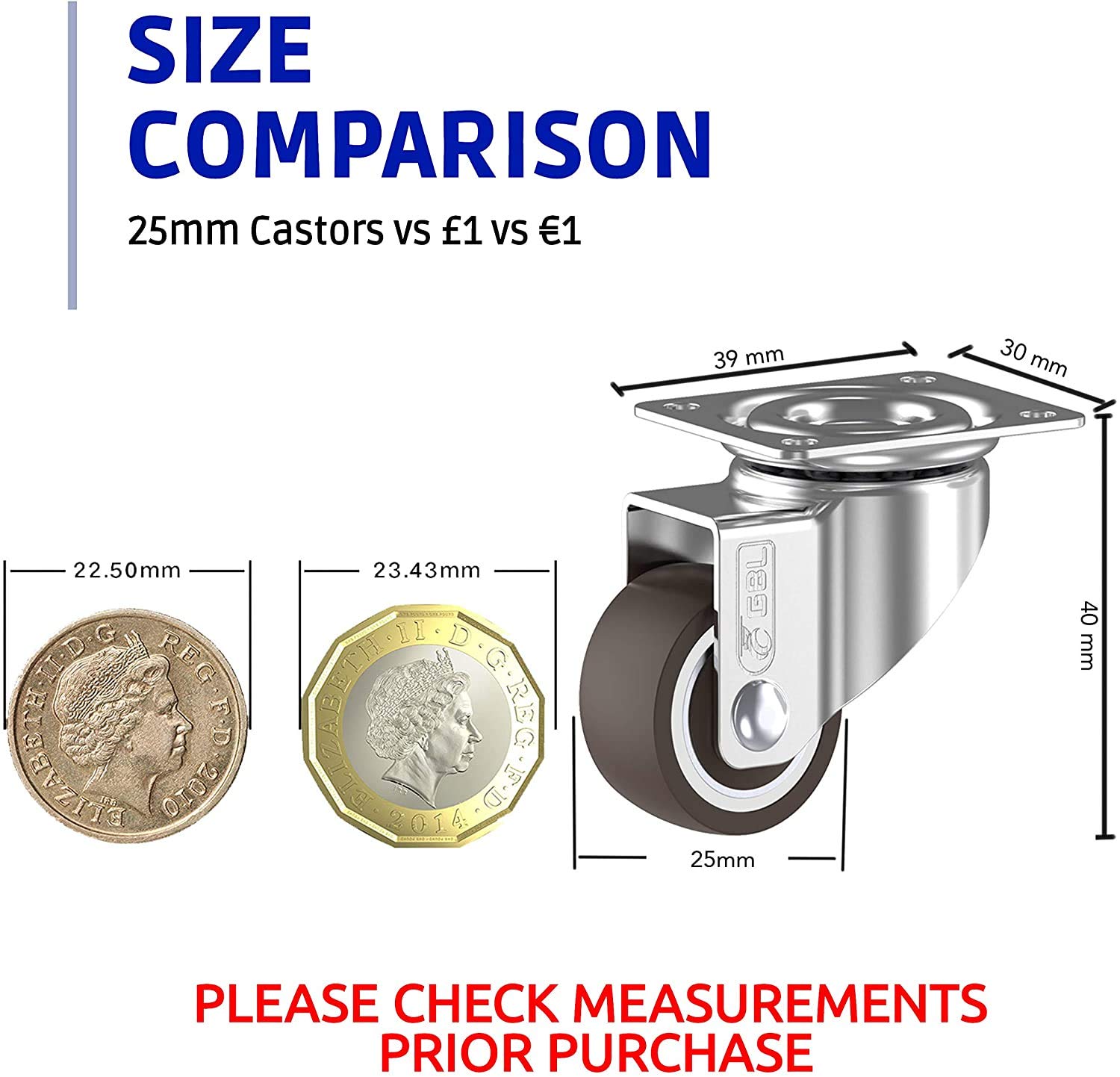 GBL 1" inch Small Caster Wheels with 2 Brakes + Screws - 90Lbs - Low Profile Castor Wheels with Brakes - Set of 4 No Floor Marks Silent Casters - Mini Wheels for Cart