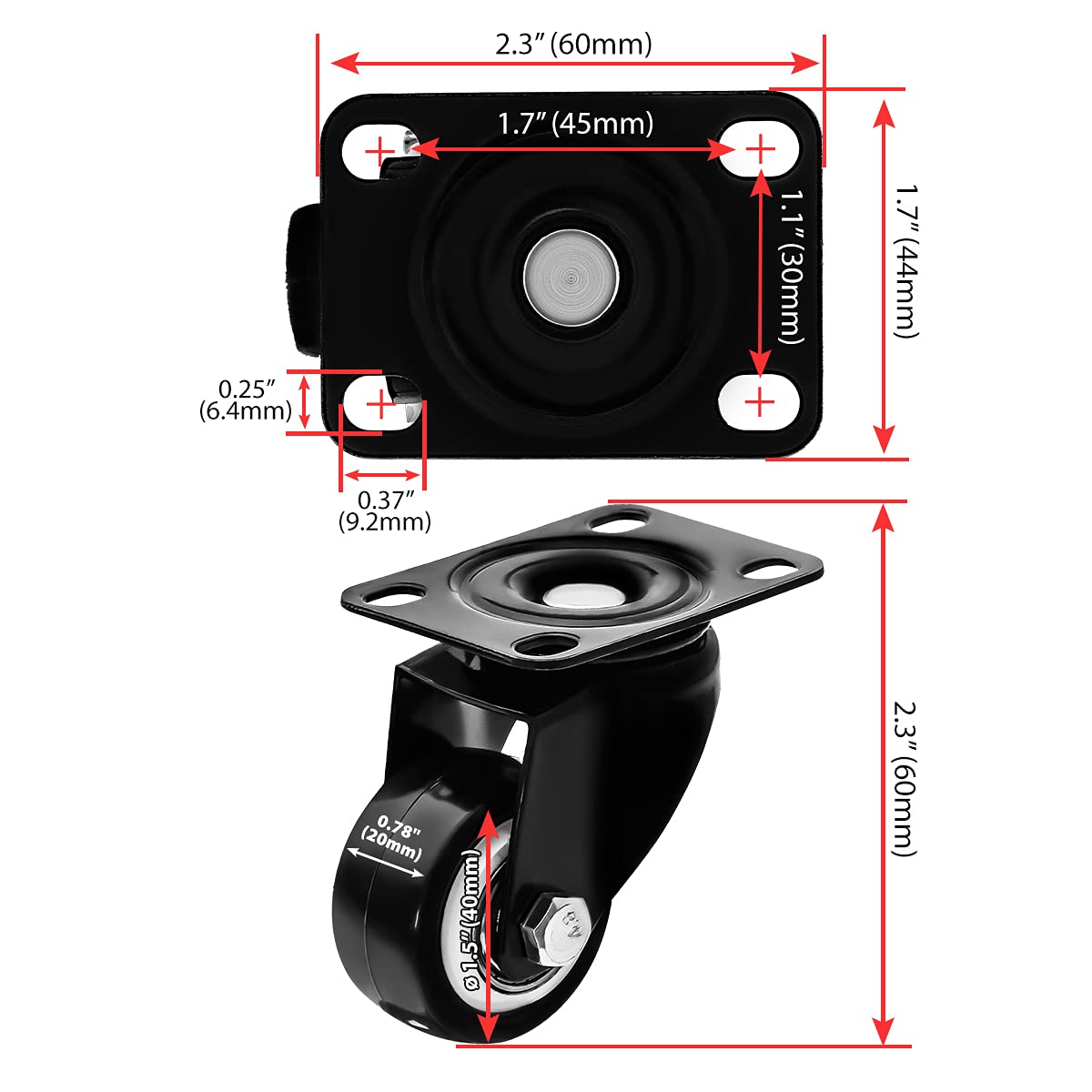 Online Best Service™ Swivel 1.5" Caster Wheels Rubber Base with Top Plate & Bearing Heavy Duty (12 Pack Without Brake)