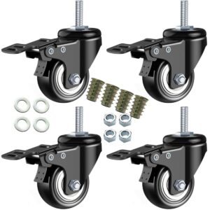 dicasal 2" stem casters, heavy duty swivel stem casters pu foam quite mute no noise castors markless wheels double bearings and locks loading 300 lbs pack of 4 with brake black