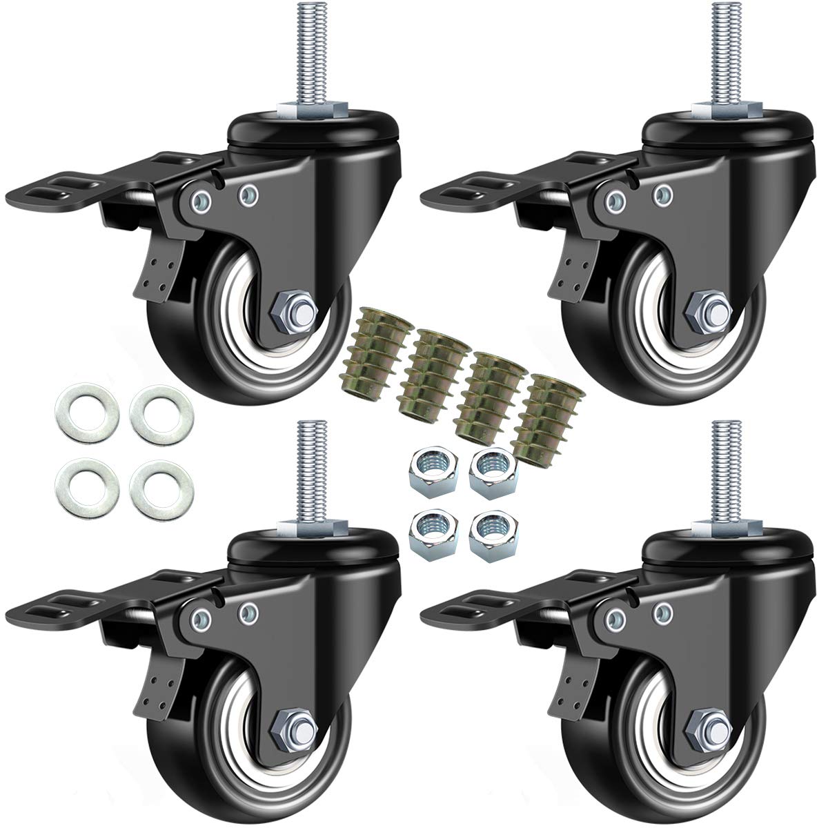 DICASAL 2" Stem Casters, Heavy Duty Swivel Stem Casters PU Foam Quite Mute No Noise Castors Markless Wheels Double Bearings and Locks Loading 300 Lbs Pack of 4 with Brake Black