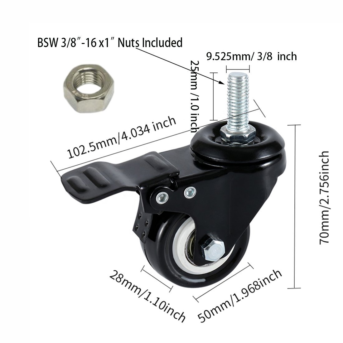 DICASAL 2" Stem Casters, Heavy Duty Swivel Stem Casters PU Foam Quite Mute No Noise Castors Markless Wheels Double Bearings and Locks Loading 300 Lbs Pack of 4 with Brake Black