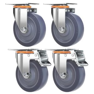 caster wheels, casters set of 4, 5 inch wheels for furniture directional casters & swivel casters & brake casters, industrial casters rubber silent load capacity 400kg(2universal+2brake)