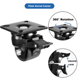 W B D WEIBIDA 2-inch Plate Swivel Caster Wheels Set of 4 Heavy Duty, Load Capacity 2200lbs, Low Gravity Center Black Extra Width Caster with Brake, Endurance &Quiet &Sturdy Nylon Wheels for Industrial