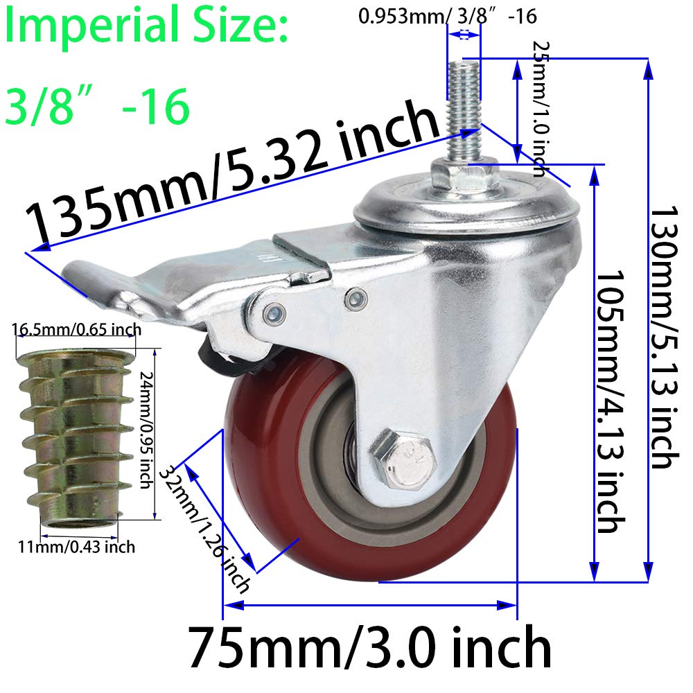 DICASAL 3 Inch Heavy Duty Stem Casters 360 Degree Swivel Durable Wheels Castors with Imperial Size 3/8"-16x1" Threads Dual Safety Locks and Bearings Easy to Install for Furniture and DIY Tools