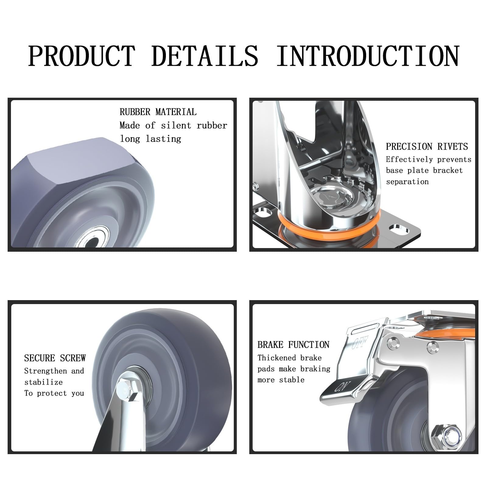 Caster Wheels Heavy Duty Casters, 8 Inch Casters Set of 4 Wheels Directional-Swivel-Brake Casters, Industrial/Workbench/Cart Casters Rubber-Silent Load Capacity 800Kg(Fixed)