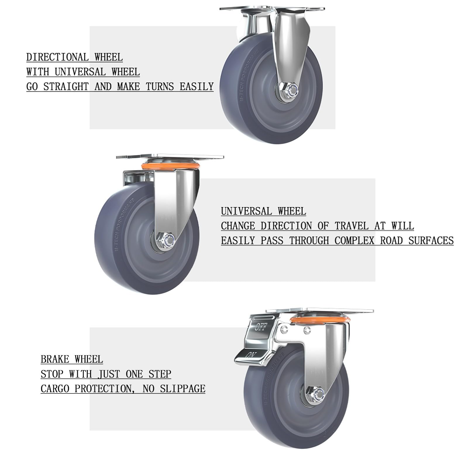 Caster Wheels Heavy Duty Casters, 8 Inch Casters Set of 4 Wheels Directional-Swivel-Brake Casters, Industrial/Workbench/Cart Casters Rubber-Silent Load Capacity 800Kg(Fixed)