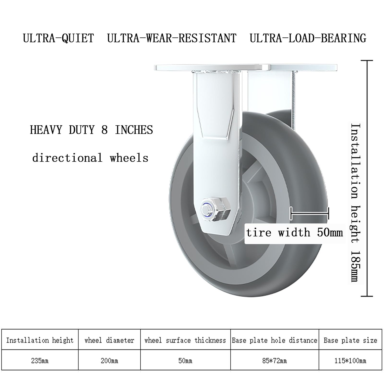 Caster Wheels Heavy Duty Casters, 8 Inch Casters Set of 4 Wheels Directional-Swivel-Brake Casters, Industrial/Workbench/Cart Casters Rubber-Silent Load Capacity 800Kg(Fixed)