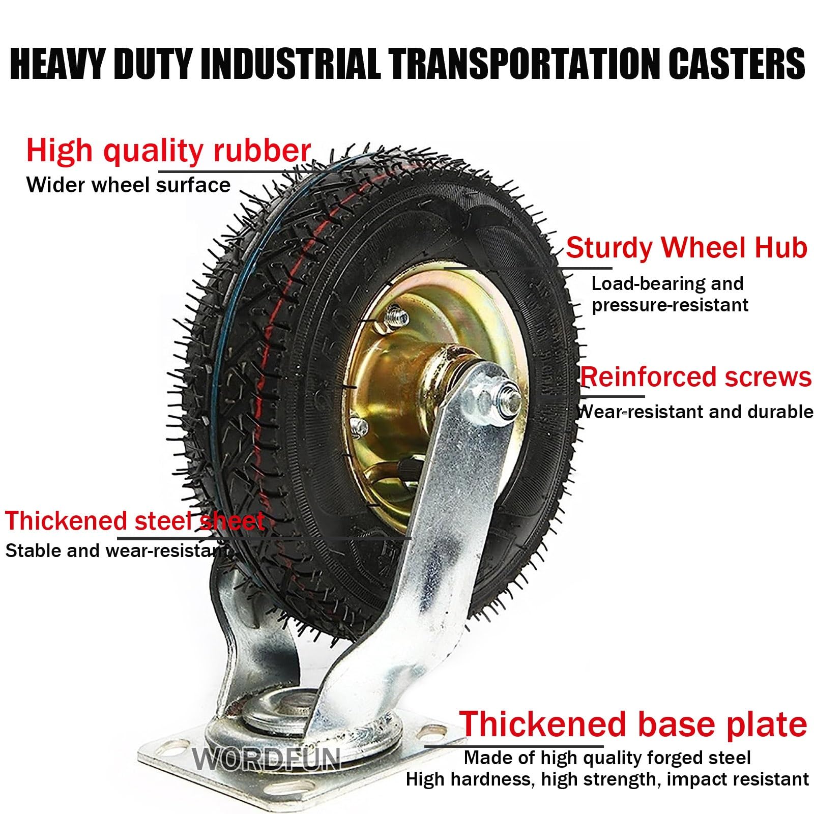 Heavy Duty Replacement Rubber Casters, Swivel Plate Caster, Pneumatic Wheel, 6/8/10In Steel Hub No Floor Marks, for Moving Silent Furniture/Table/Trolley/Workbench