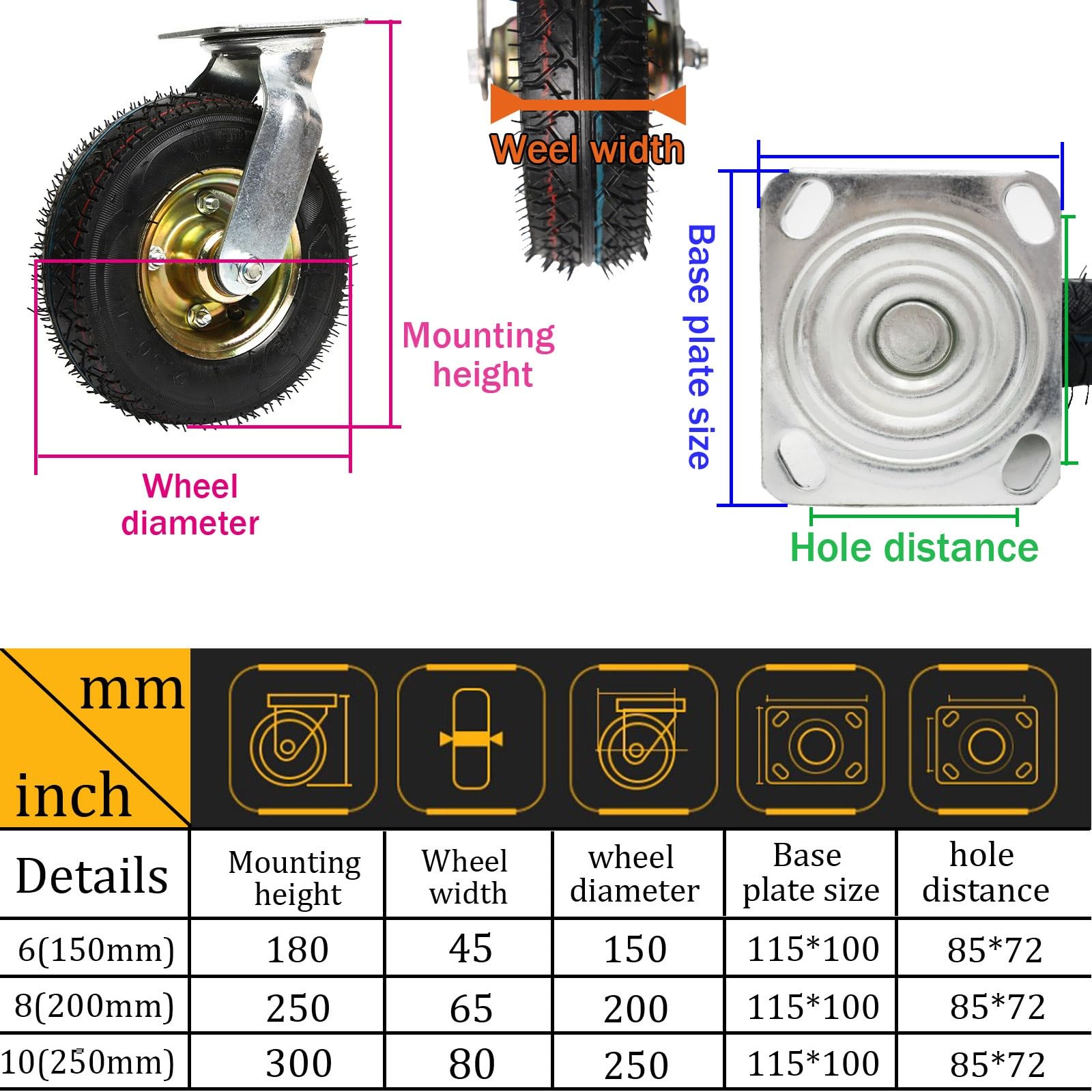 Rubber Caster Wheel Swivel Castors Fixed Heavy Duty Industrial Caster, with Tyre Veins, with Ball Bearings, Outdoor, Swivel, Dolly, Workbench, Trolley