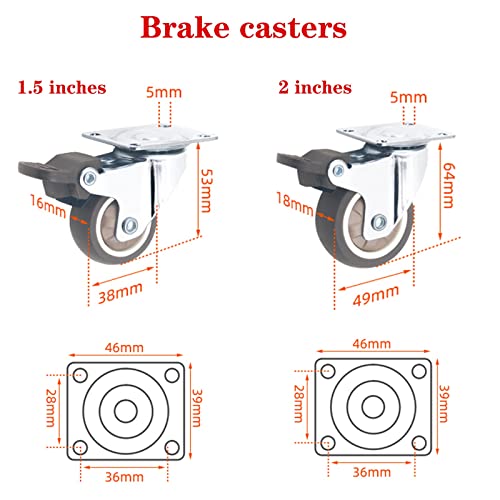 Rubber Swivel Caster Wheel,Castor Wheels Heavy Duty Swivel Trolley Furniture Caster with Brakes, Shopping Cart Wheel Trolley Swivel Caster Wheels Soft Rubber, 4 Pieces 38mm Castor Wheel (Size : 38mm