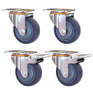 heavy duty rubber caster, castors swivel castor wheels industrial plate casters,for trolleys, industrial use and moving furniture,2 brake casters + 2 swivel casters, blue castor wheel (color : blue,