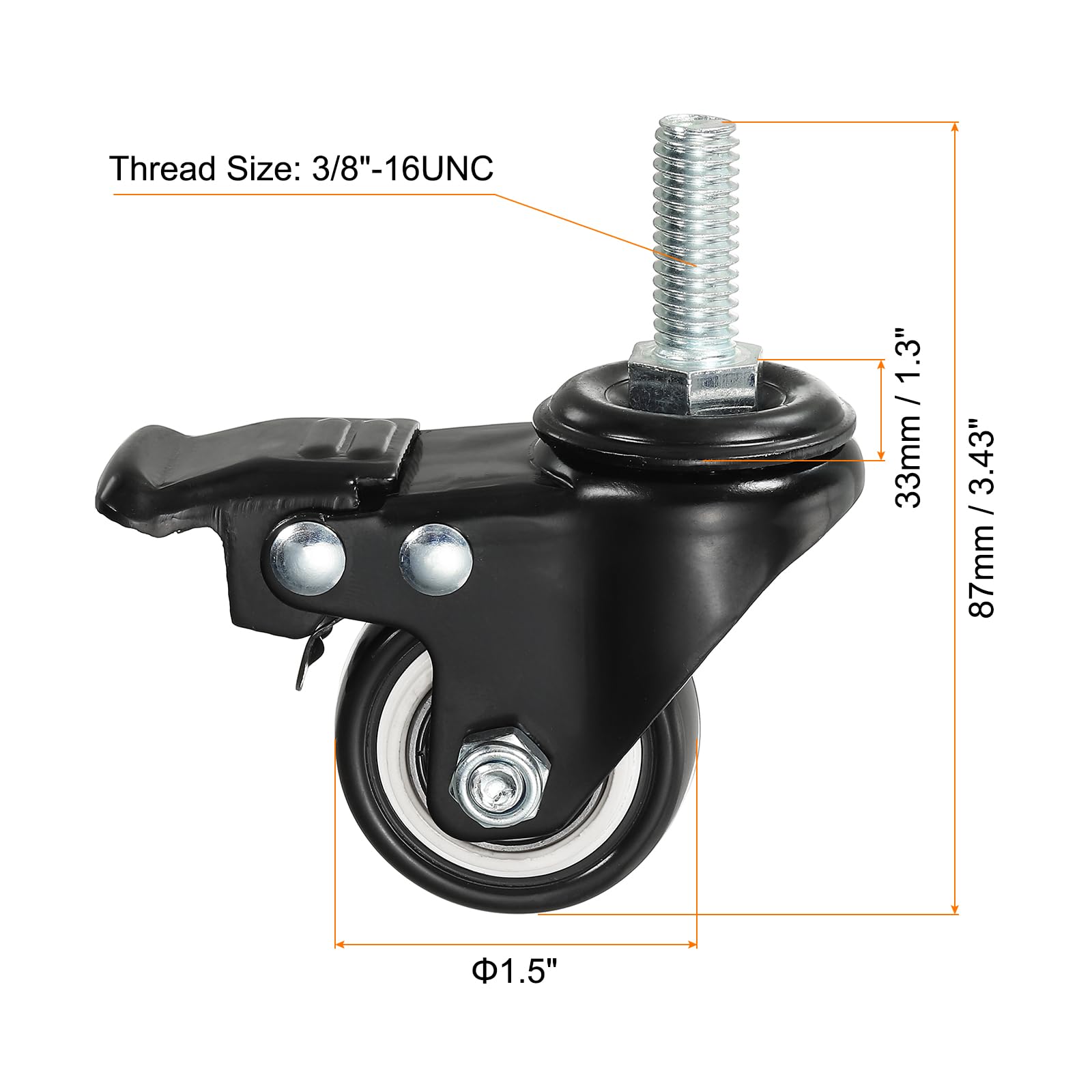 uxcell 1.5 Inch Swivel Threaded Stem Casters 3/8"-16UNC Thread PU Caster Wheel with Brake 88lbs Load for Furniture Carts, Black 4pcs