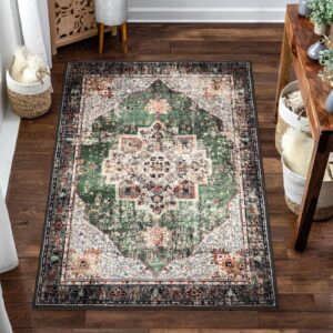 YesRug Small Rug 2x3 Green Boho Vintage Rug for Bathroom Entryway Hallway Kitchen Throw Rug Low Pile Non Slip Washable Floor Carpet