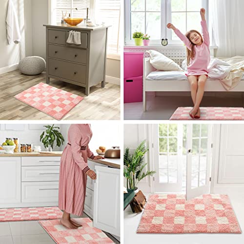 CozeCube Checkered Bath mats for Bathroom Non Slip, Fluffy Absorbent Microfiber Bath mat Washable, Aesthetic Bathroom Rugs, Cute Bath mat for Shower Sink, Blossom Pink, 24" x 16"