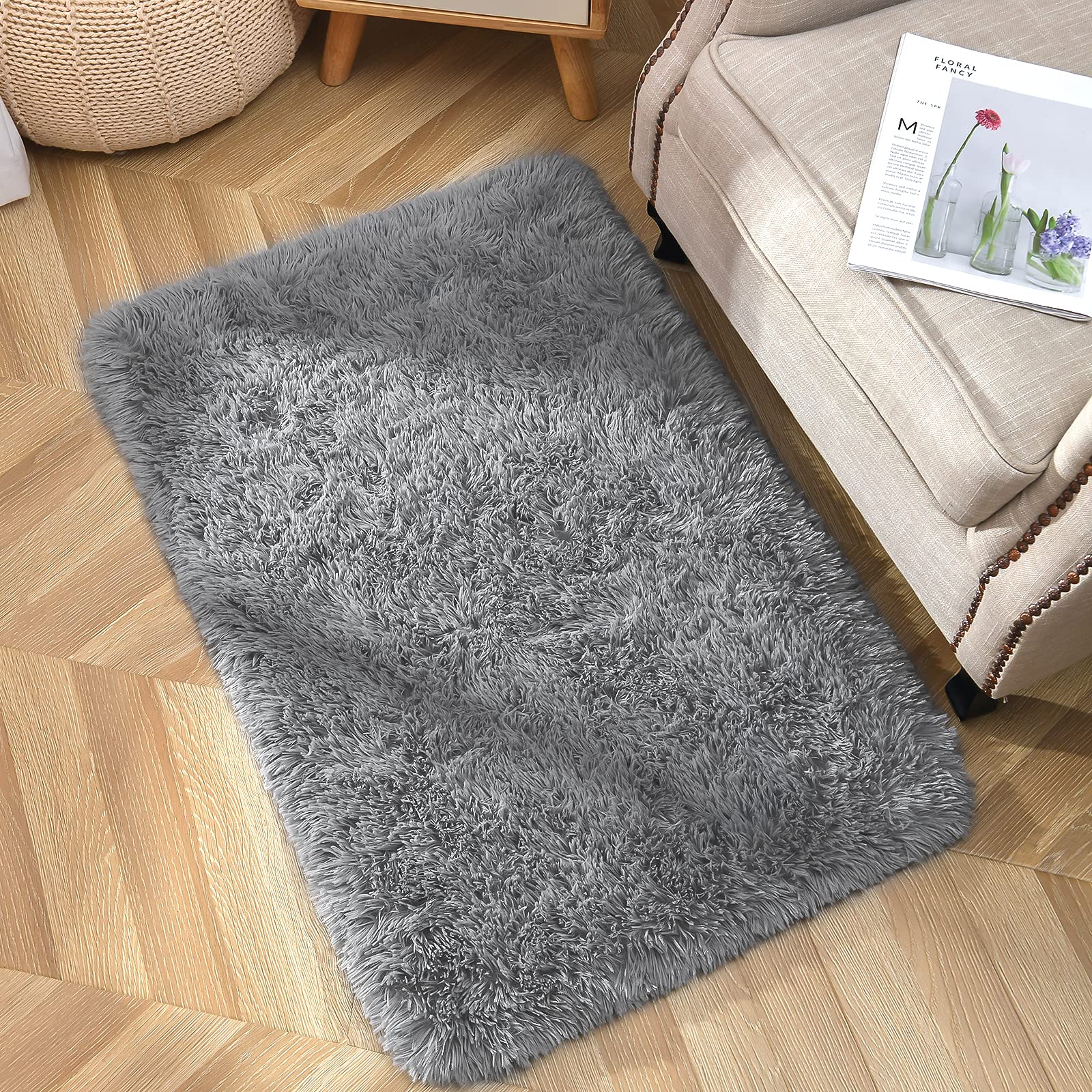 YJ.GWL Soft Area Rugs for Bedroom Living Room Plush Fluffy Rug, Grey Shag Rug Carpet Non Shedding for Nursery Playroom Dorm, Indoor Modern Fuzzy Rug for Kids Girls Room Home Decor, 2x3 Feet