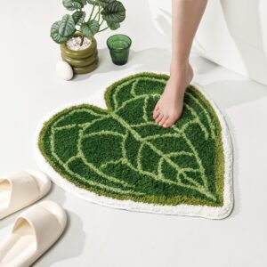 panstar green leaf bath mat, cute anthurium clarinervium bath rug for bathroom non slip, fun plant shaped absorbent bathtub rug bathroom tub plush shower rugs washable