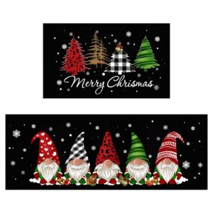 christmas kitchen rugs set of 2 - buffalo plaid tree gnomes black kitchen mat, winter holiday party low-profile floor door mat merry christmas decorations for home kitchen - 17x29 and 17x47 inch