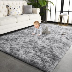 twinnis 5x8 large shag area rugs for living room bedroom, tie-dye light grey indoor super soft fuzzy plush rugs, upgrade anti-skid modern rugs fluffy carpets for kids room nursery home decor