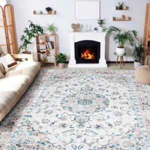 mcadore 8x10 area rugs washable boho rug, non slip carpet for living room, bedroom, kitchen, soft low-pile rug, lvory/floral