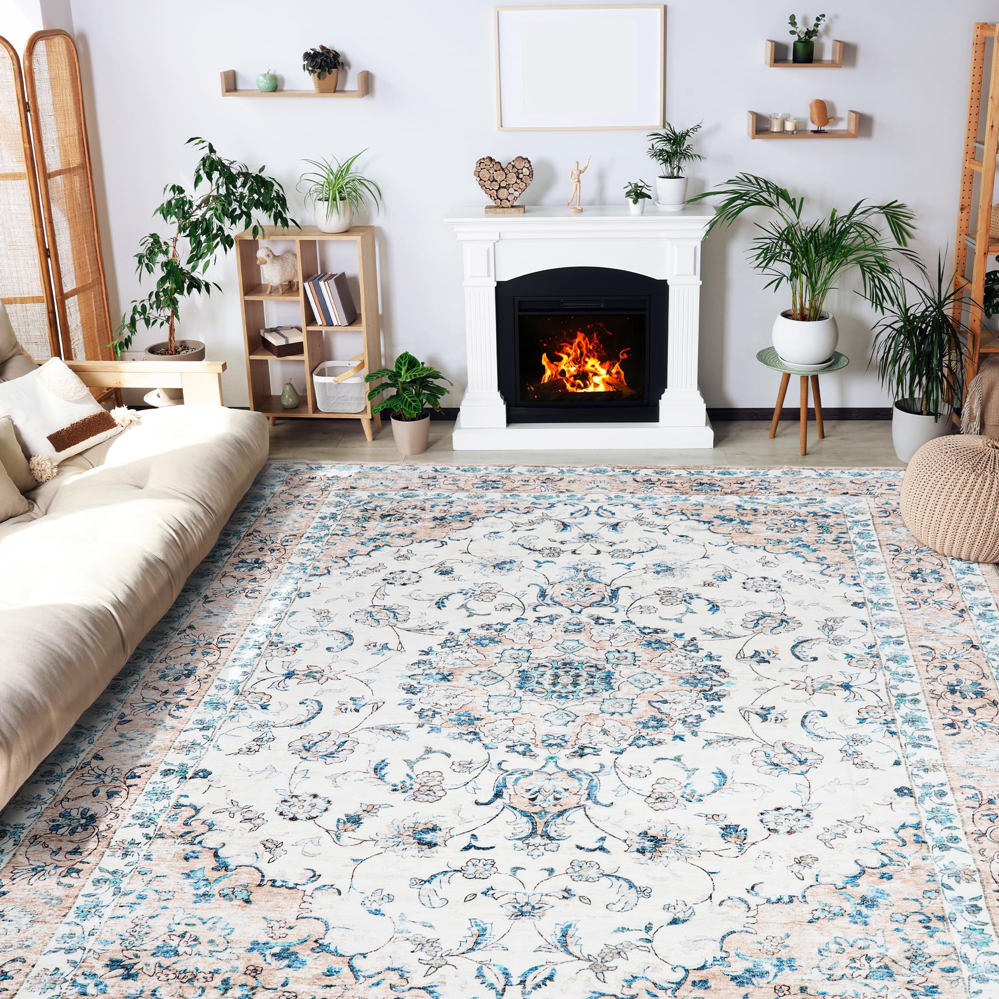 Mcadore 8x10 Area Rugs Washable Boho Rug, Non Slip Carpet for Living Room, Bedroom, Kitchen, Soft Low-Pile Rug, Lvory/Floral