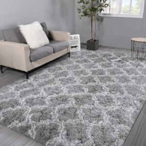 hutha 6x9 shag large area rugs for living room, light grey modern super soft bedroom carpet, moroccan luxury geometric plush fluffy rug for kids nursery girls room indoor home decor