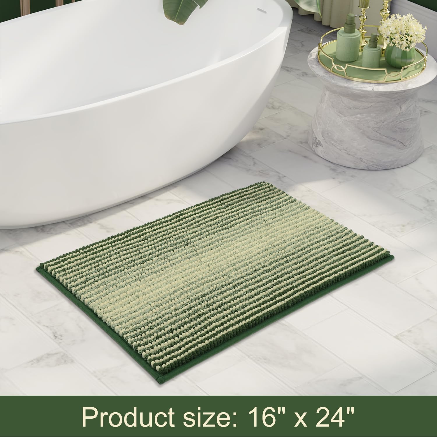 BSICPRO Bathroom Rugs, Bath Mat Rug for Bathroom Non Slip 17 x 24 Inches Water Absorbent Chenille Bathroom Floor Mats Machine Washable (Sage and Cream)