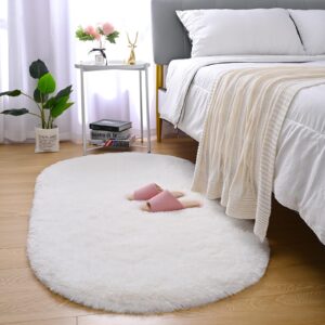 merelax soft shaggy rug for kids bedroom, oval 2.6'x5.3' cream plush fluffy carpets for living room, furry carpet for teen girls room, anti-skid fuzzy comfy rug for nursery decor cute baby play mat