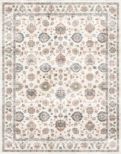 Mcadore 8x10 Washable Vintage Boho Area Rug - Non Slip, Foldable Large Carpet for Living Room, Bedroom, Kitchen - Beige/Multi - Print Design