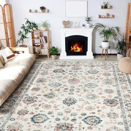 Mcadore 8x10 Washable Vintage Boho Area Rug - Non Slip, Foldable Large Carpet for Living Room, Bedroom, Kitchen - Beige/Multi - Print Design