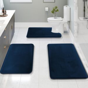 clara clark 3 piece bathroom rugs bath mat set, velvet memory foam bath mats for bathroom - non-slip, pvc backing bath rugs, washable bathroom rug mats - dries quickly, blue bathroom rug set