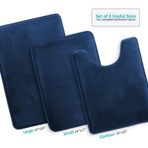 Clara Clark 3 Piece Bathroom Rugs Bath Mat Set, Velvet Memory Foam Bath Mats for Bathroom - Non-Slip, PVC Backing Bath Rugs, Washable Bathroom Rug Mats - Dries Quickly, Blue Bathroom Rug Set