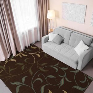 machine washable leaves design non-slip rubberback 3x5 traditional area rug for living room, bedroom, kitchen, 3'3" x 5', brown