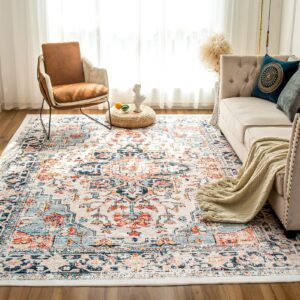 vk vk·living machine washable rug 8'x10' vintage design washable area rugs with non slip rugs for living room bedroom traditional woven rug carpet stain resistant,rug decor office boho rug,blue&orange