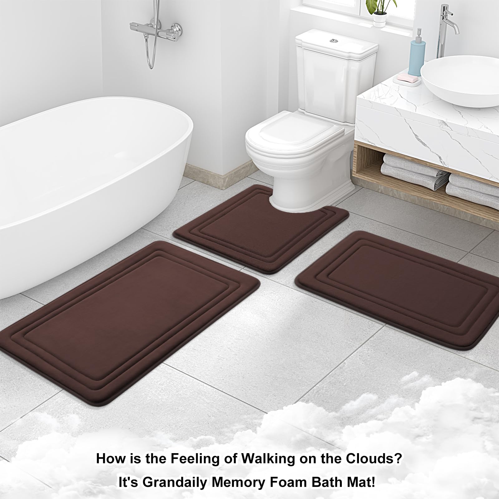 Grandaily Memory Foam Bath Mat Rug 24x16, Ultra Soft, Non-Slip and Absorbent Bathroom Rugs, Machine Wash Dry, Comfortable Bath Rug Carpet for Bathroom Floor, Tub and Shower, Brown