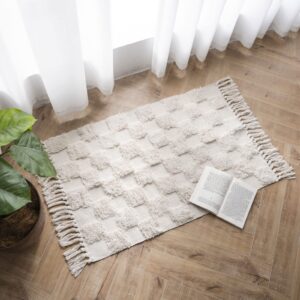 lahome checkered boho bathroom rugs, small 2x3 rug checkered bath mat farmhouse kitchen rug washable tufted rug with tassels, non-shedding neutral woven beige rug indoor carpet for bedroom table