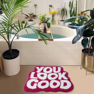 UNIBATH You Look Good Bath Mat Hot Pink Bathroom Rugs Funny Cute Bathroom Decor Preppy Small Cool Rug Non Slip Microfiber Washable Absorbent Shower Rug, 25”x21”