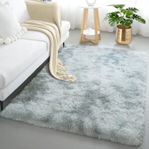 kchowua 4x6 grey fluffy shag rug for bedroom,machine washable soft shaggy fuzzy plush area rugs for living room,modern non slid kids rugs for boys bed room nursery dorm carpets,tie-dye light gray