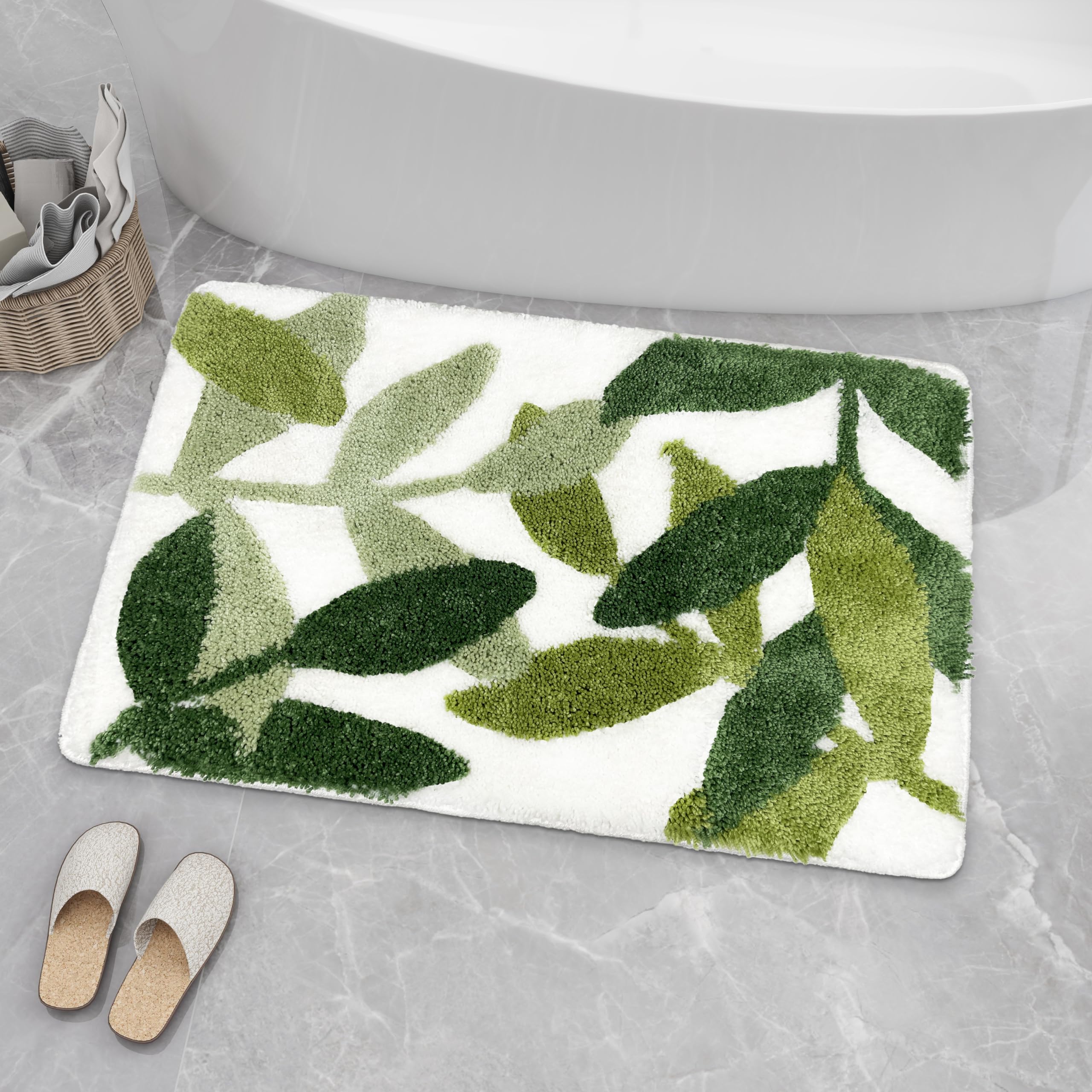 ZebraSmile Bathroom Rugs - Green Bath Rug Non Slip Back Water Aabsorbent Leaves Plush Microfiber Small Bathroom Rug Leaf Shower Mat Cute Green Bath Mat Doormat 17.5 X 25.5 in