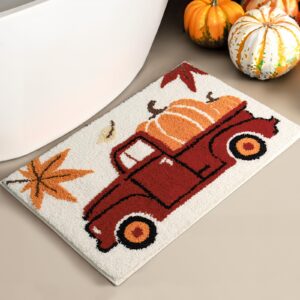 fofary fall bathroom rug orange bath mats non slip funny bathroom decor truck pumpkin autumn maple leaves washable bath mats for bathroom entryway shower 20"x32"