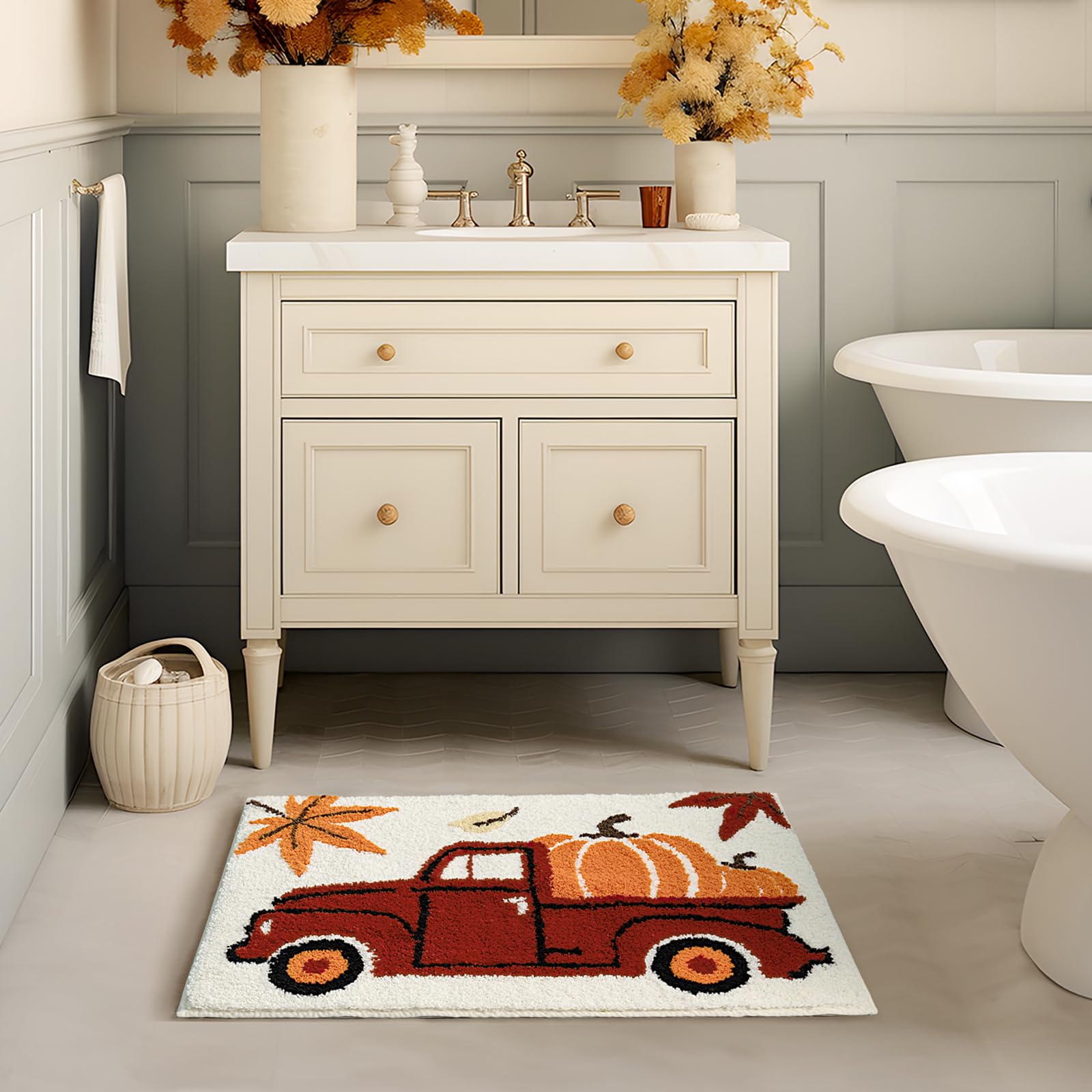 FOFARY Fall Bathroom Rug Orange Bath Mats Non Slip Funny Bathroom Decor Truck Pumpkin Autumn Maple Leaves Washable Bath Mats for Bathroom Entryway Shower 20"x32"