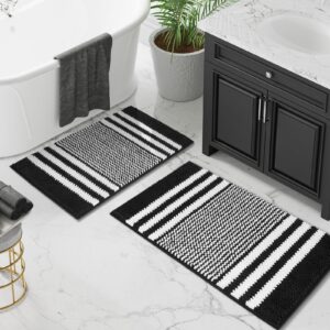 tindbea bathroom rugs set 2 piece, extra soft and absorbent fluffy striped chenille bath mat rug set, non slip bathroom floor mat, machine washable (20" x 32" plus 16" x 24", black)