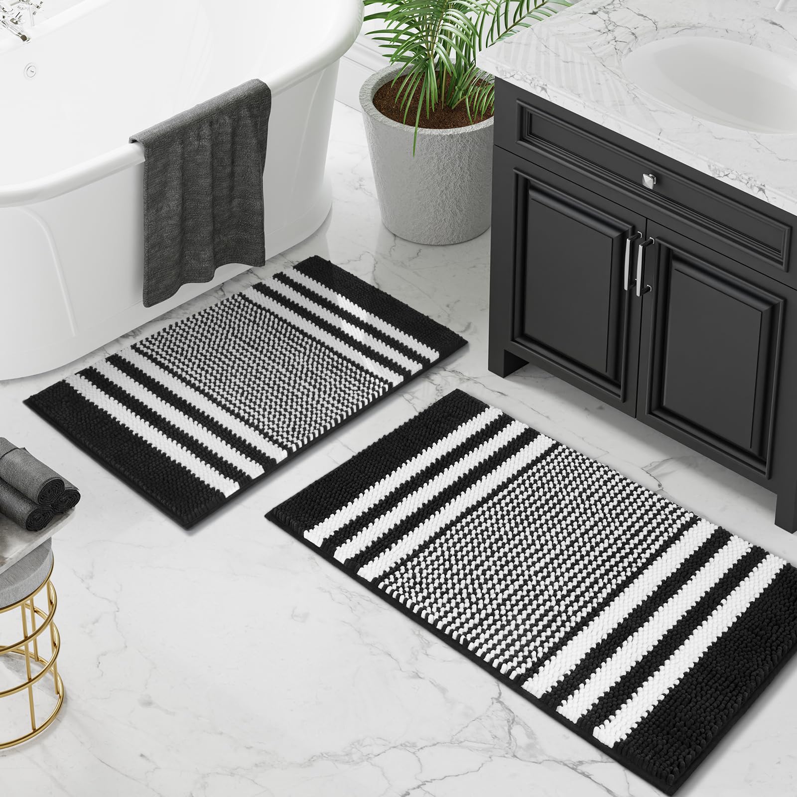 Tindbea Bathroom Rugs Set 2 Piece, Extra Soft and Absorbent Fluffy Striped Chenille Bath Mat Rug Set, Non Slip Bathroom Floor Mat, Machine Washable (20" x 32" Plus 16" x 24", Black)