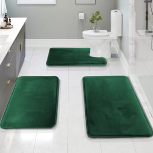 clara clark 3 piece bathroom rugs bath mat set, velvet memory foam bath mats for bathroom - non-slip, pvc backing bath rugs, washable bathroom rug mats - dries quickly, green bathroom rug set