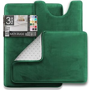 Clara Clark 3 Piece Bathroom Rugs Bath Mat Set, Velvet Memory Foam Bath Mats for Bathroom - Non-Slip, PVC Backing Bath Rugs, Washable Bathroom Rug Mats - Dries Quickly, Green Bathroom Rug Set