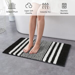 Tindbea Bathroom Rugs Set 2 Piece, Extra Soft and Absorbent Fluffy Striped Chenille Bath Mat Rug Set, Non Slip Bathroom Floor Mat, Machine Washable (20" x 32" Plus 16" x 24", Black)