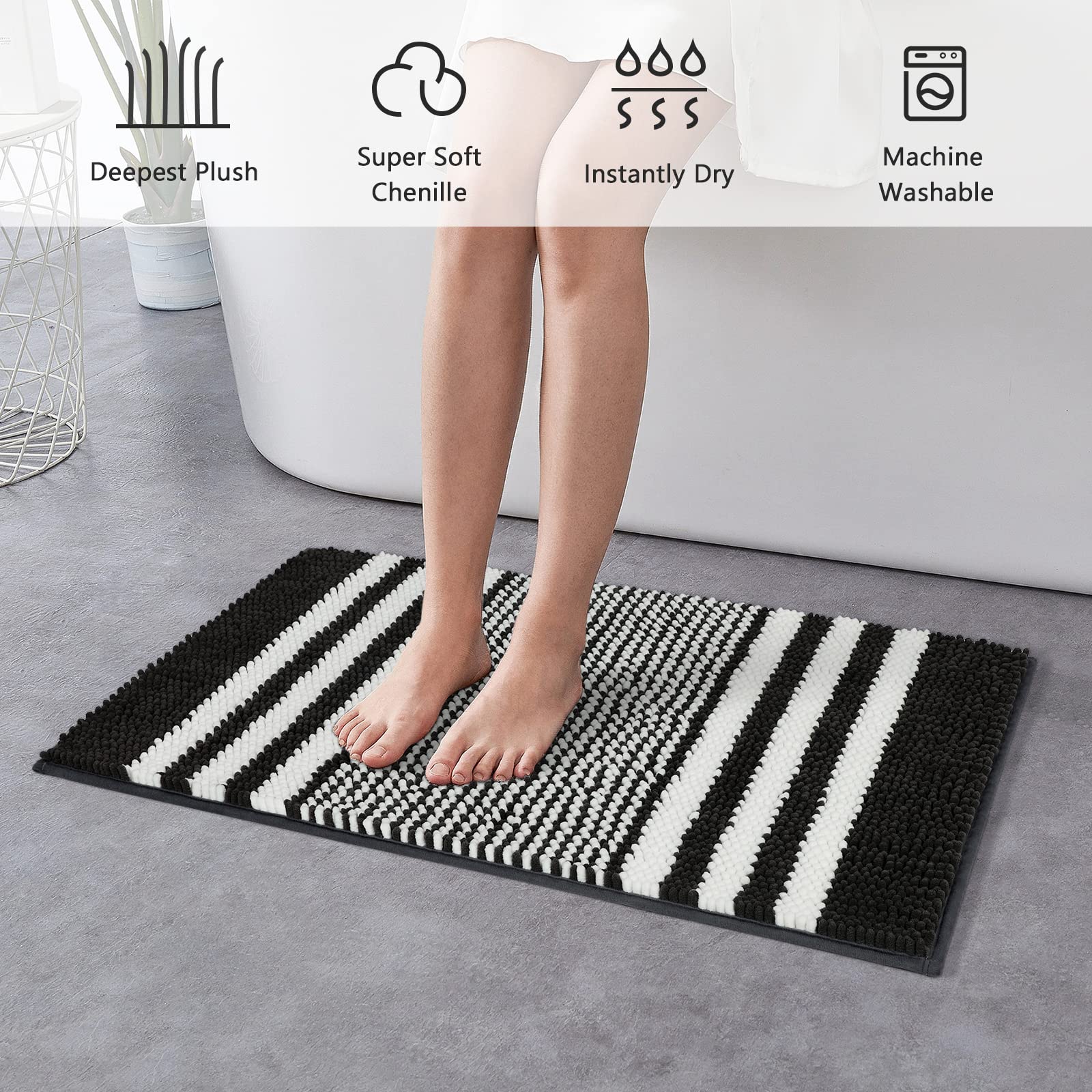 Tindbea Bathroom Rugs Set 2 Piece, Extra Soft and Absorbent Fluffy Striped Chenille Bath Mat Rug Set, Non Slip Bathroom Floor Mat, Machine Washable (20" x 32" Plus 16" x 24", Black)